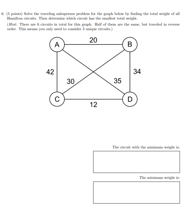 Solved 6. (5 points) Solve the traveling salesperson problem | Chegg.com