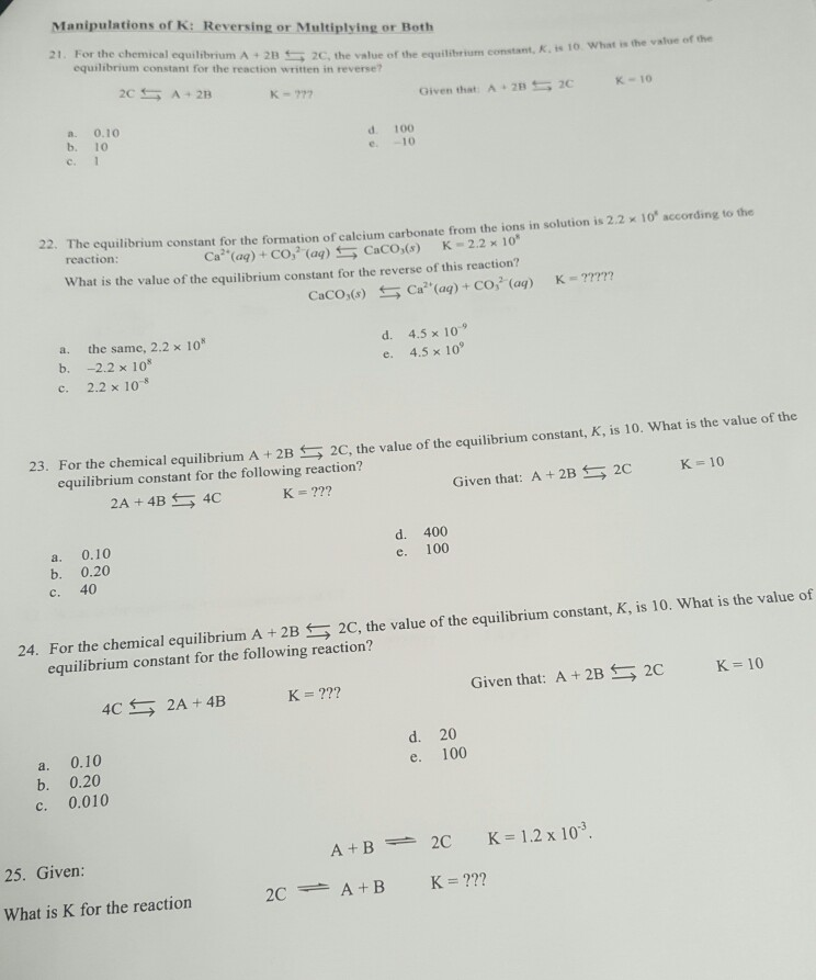Solved Manipulations of K: Reversing or Multiplying or Both | Chegg.com