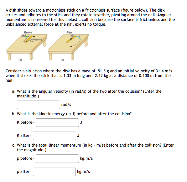 Solved A disk slides toward a motionless stick on a | Chegg.com