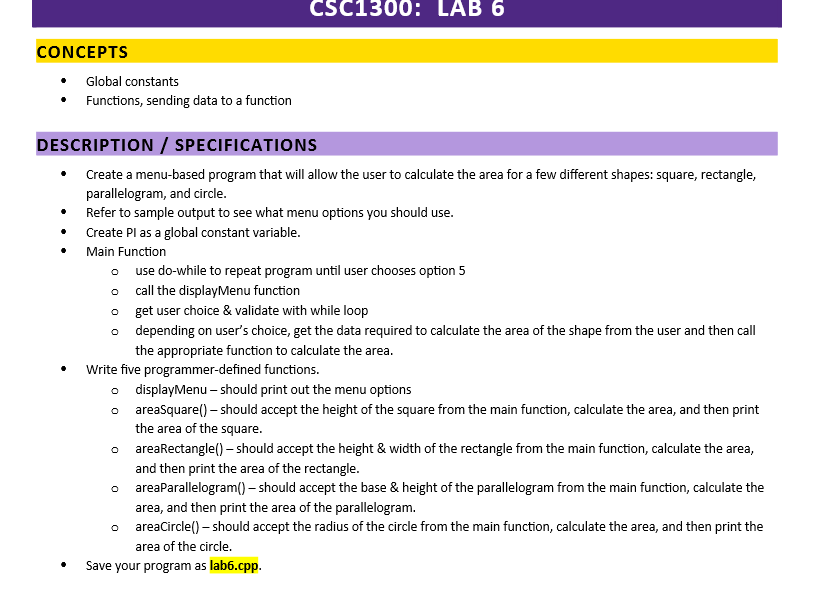Solved CSC1300: LAB 6 CONCEPTS Global constants Functions, | Chegg.com