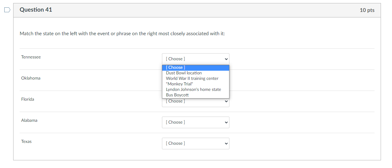 Match the state on the left with the event or phrase | Chegg.com