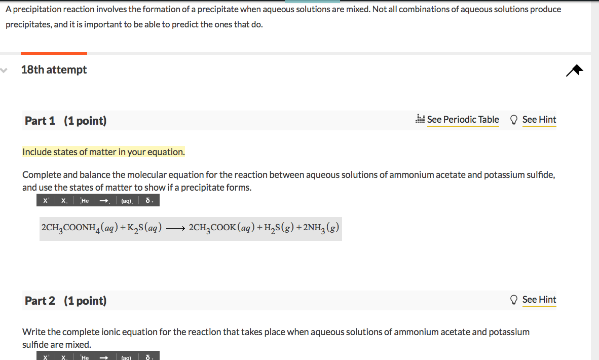 Solved A precipitation reaction involves the formation of a | Chegg.com