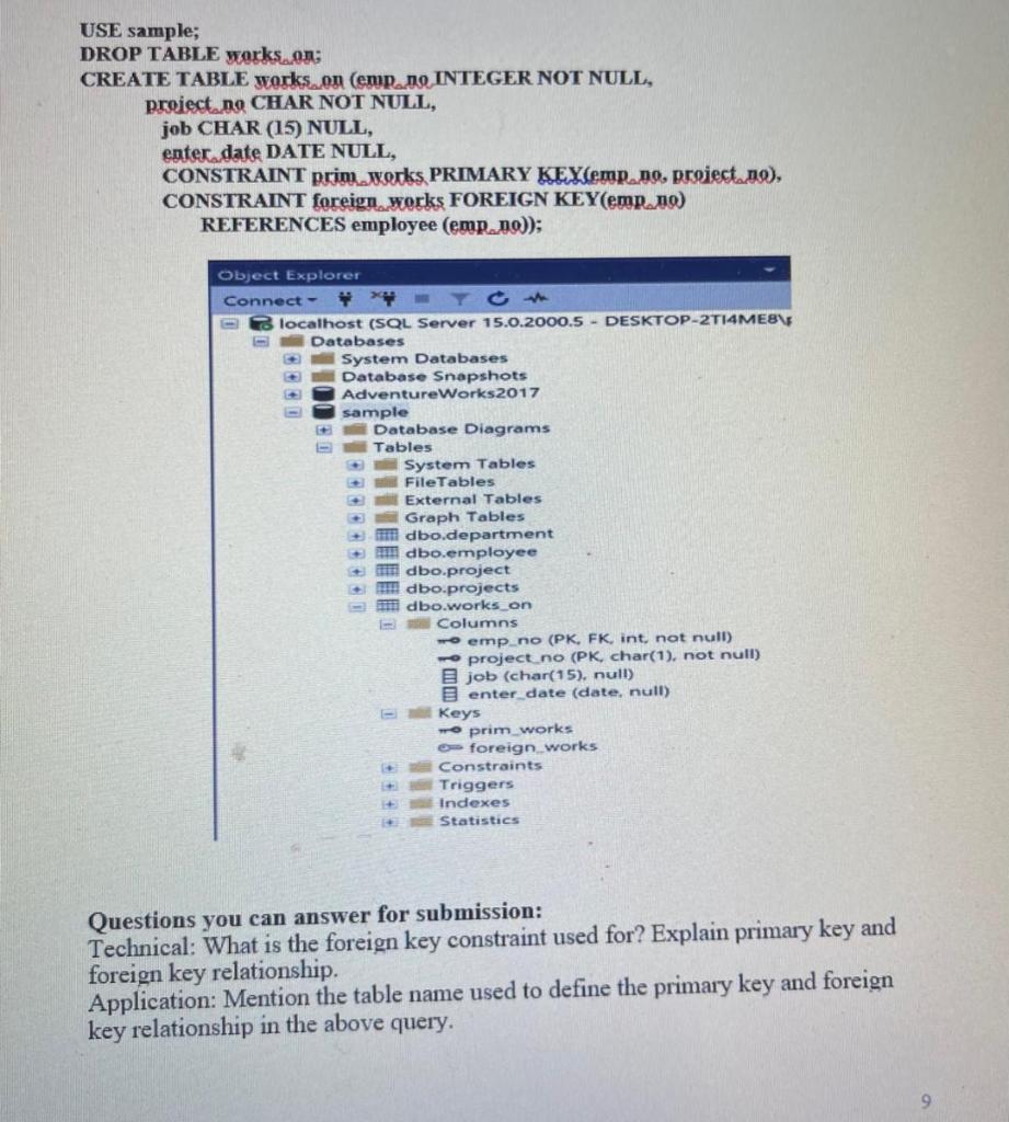 Solved USE sample; DROP TABLE works_on; CREATE TABLE works | Chegg.com