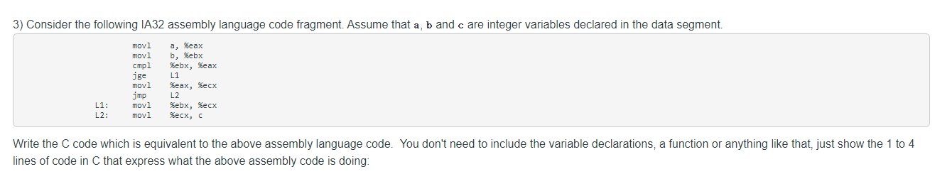 Solved 3) Consider the following IA32 assembly language code | Chegg.com