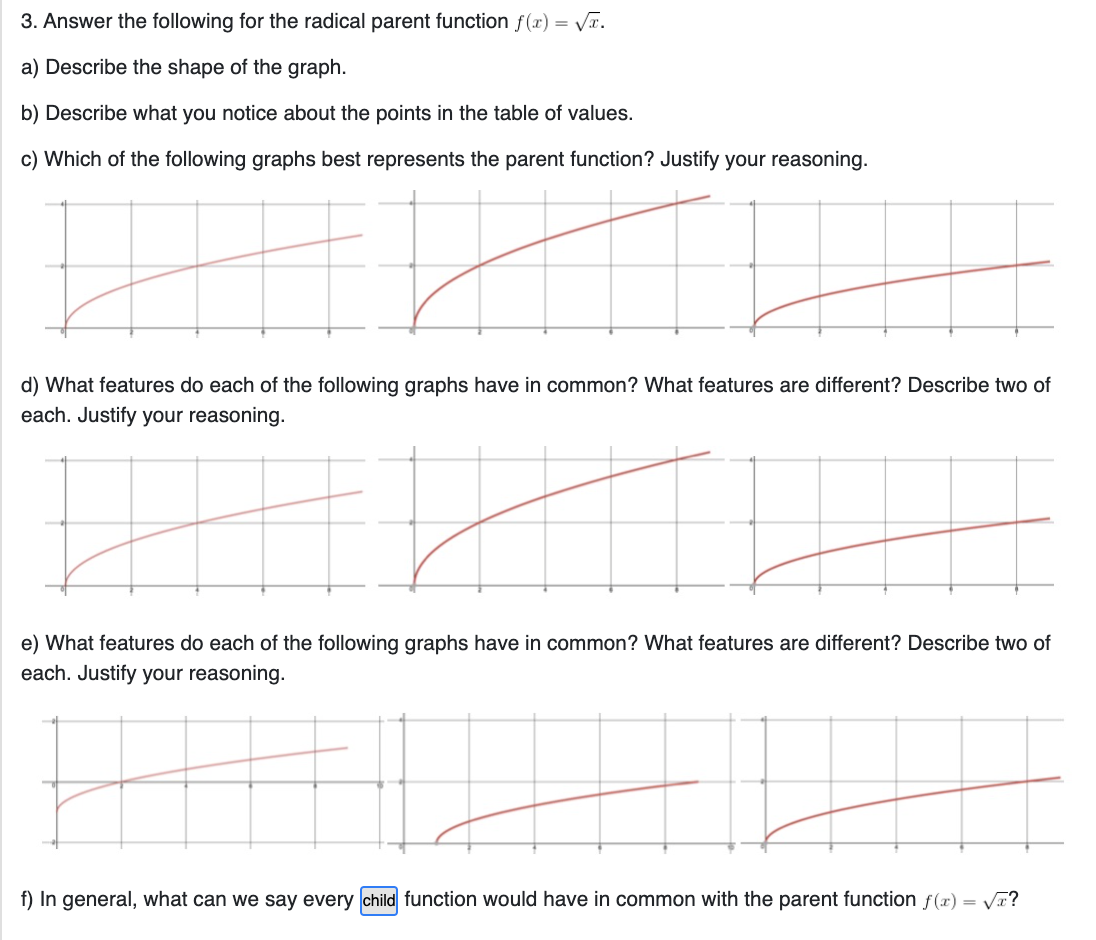 Solved 3. Answer the following for the radical parent | Chegg.com