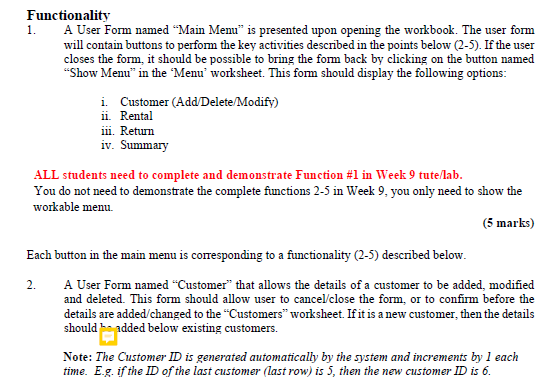 Solved Functionality 1. A User Form named "Main Menu” is | Chegg.com