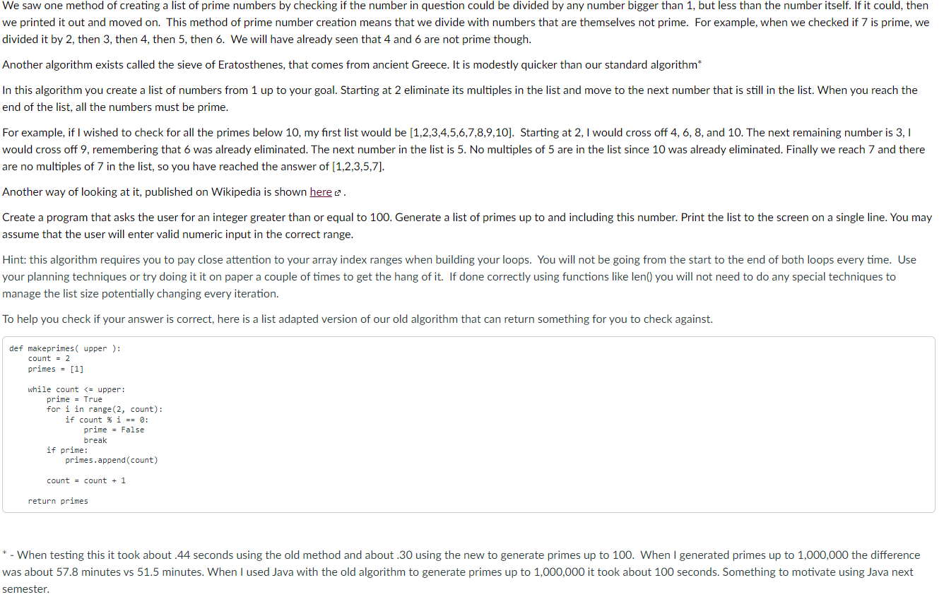 Solved We saw one method of creating a list of prime numbers | Chegg.com