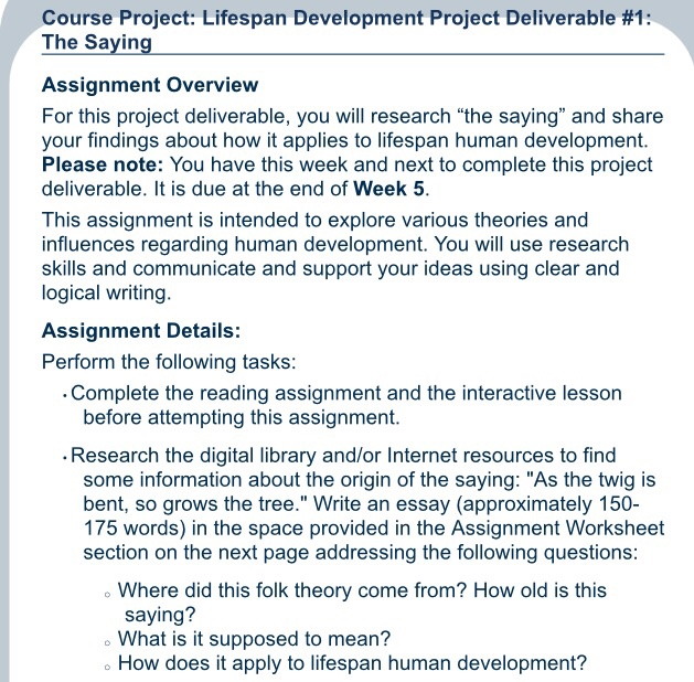 Solved Course Project: Lifespan Development Project | Chegg.com