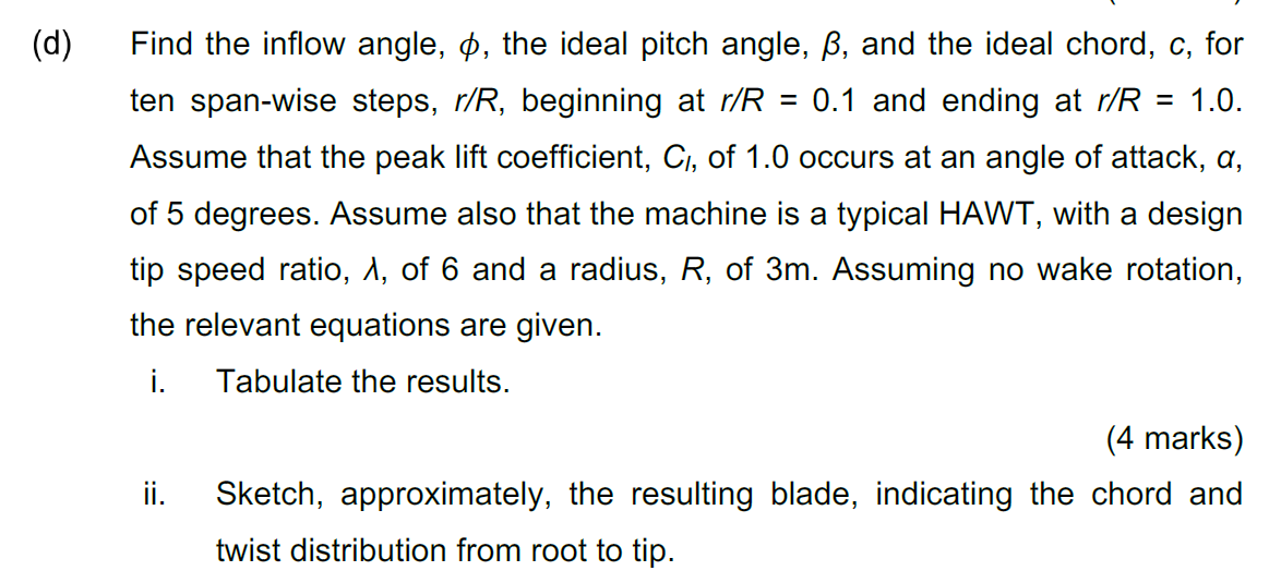 Solved (d) Find the inflow angle, ø, the ideal pitch angle, | Chegg.com