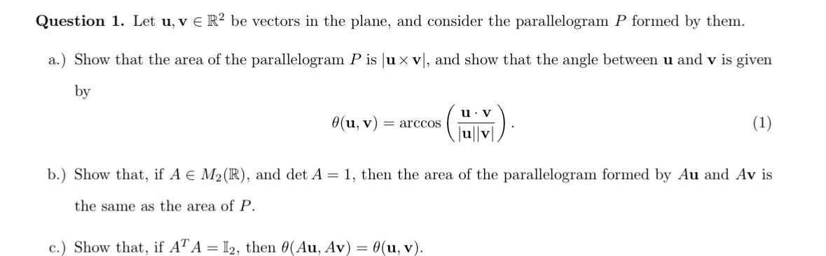 Solved Question 1. Let u,v∈R2 be vectors in the plane, and | Chegg.com