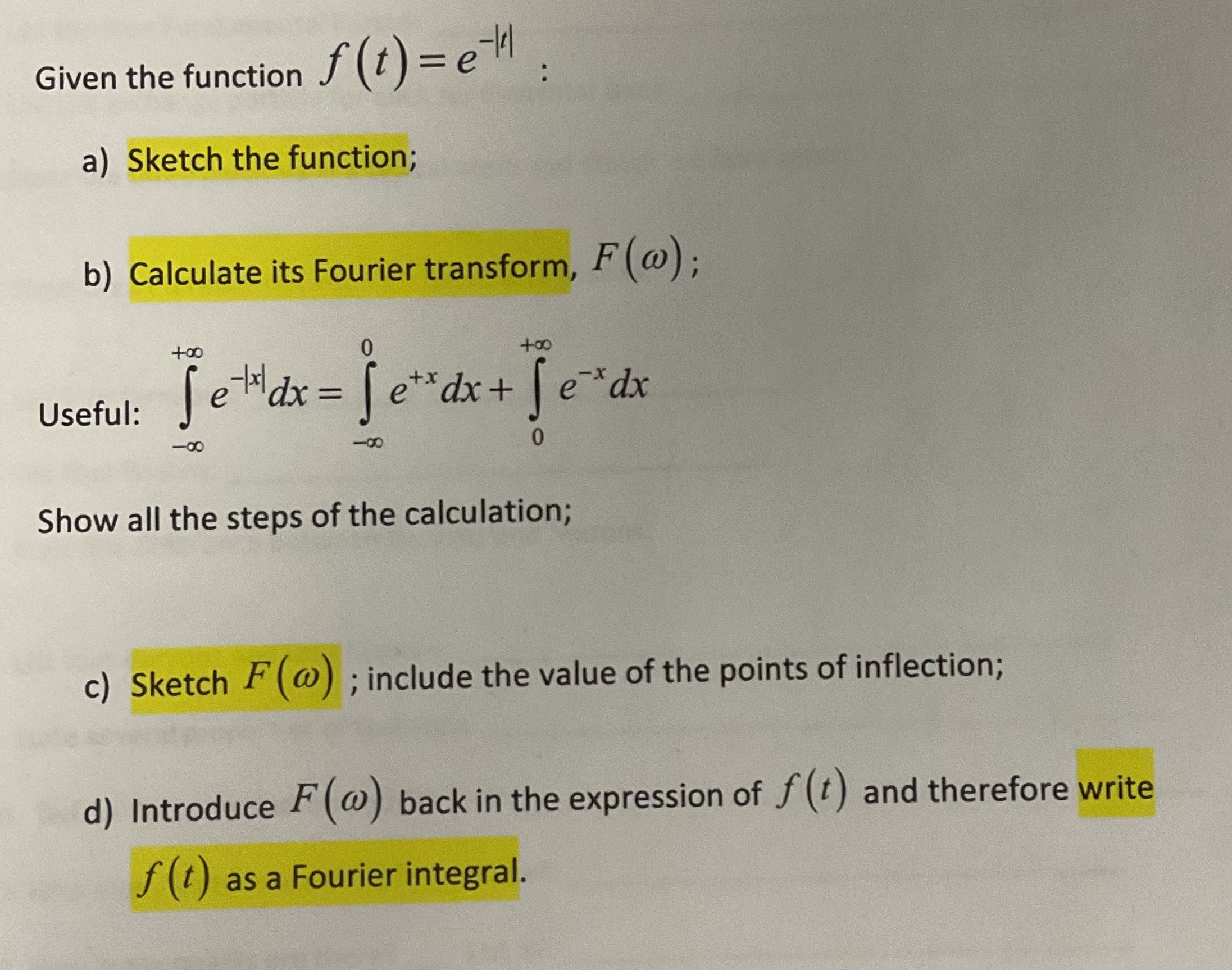 Solved Given the function f(t)=e−∣t∣ : a) Sketch the | Chegg.com
