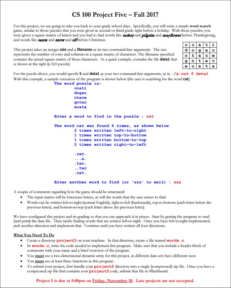 CS 100 Project Five -Fall 2017 For this project, we | Chegg.com