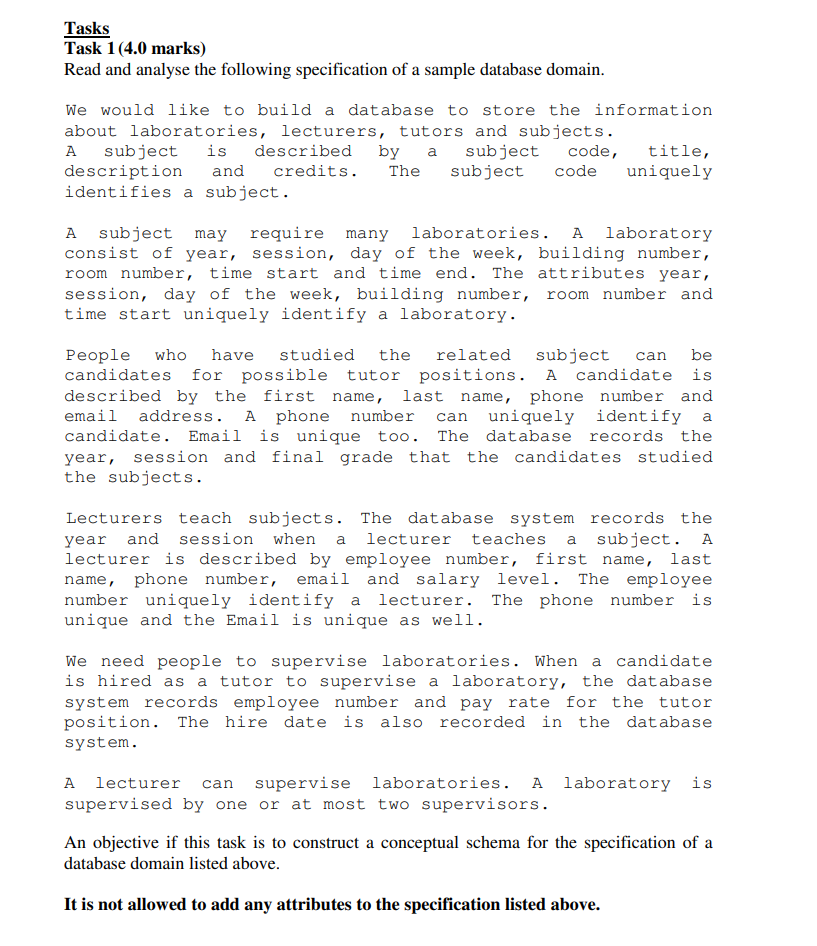 Solved Tasks Read and analyse the following specification of | Chegg.com