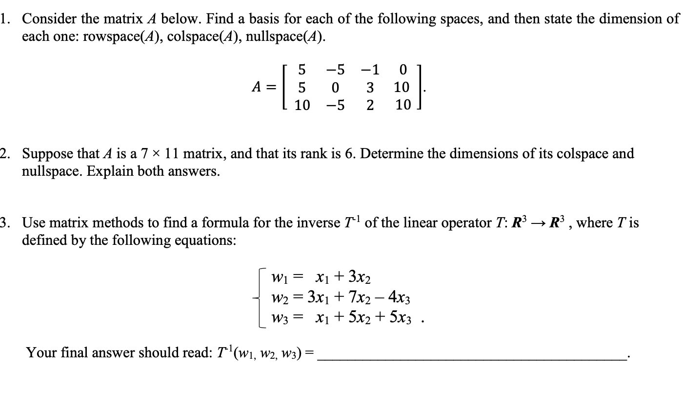 Solved 1. Consider the matrix A below. Find a basis for each | Chegg.com