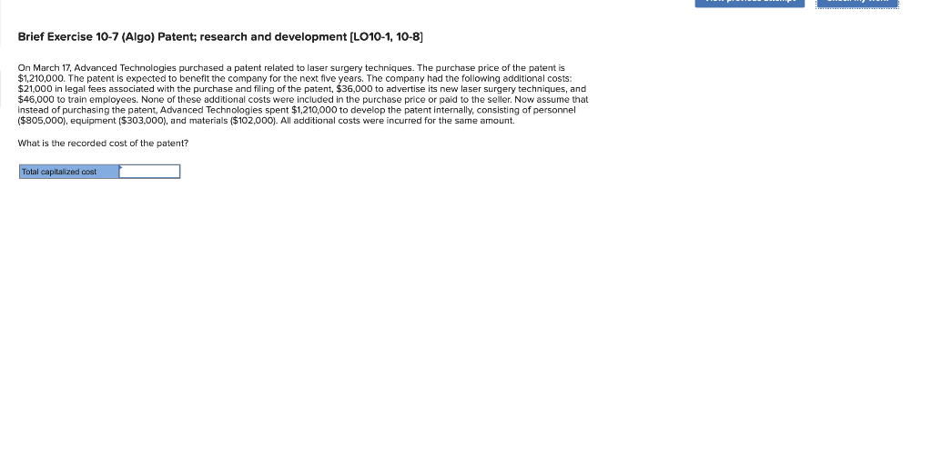 Solved Brief Exercise 10-7 (Algo) Patent; research and | Chegg.com Solved Brief Exercise 10-7 (Algo) Patent; research and | Chegg.com