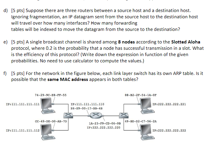 Solved d) [5 pts] Suppose there are three routers between a | Chegg.com