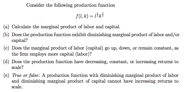 Solved Consider the following production function f(1,k) = | Chegg.com