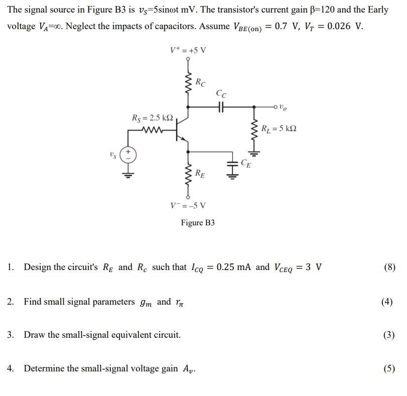 Solved The signal source in Figure B3 is vS=5sinωtmV. The | Chegg.com
