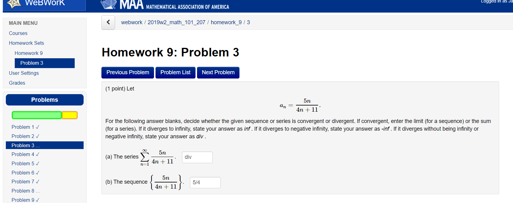 Solved * WebWork PMAA, Logged lh as Ja MATHEMATICAL | Chegg.com