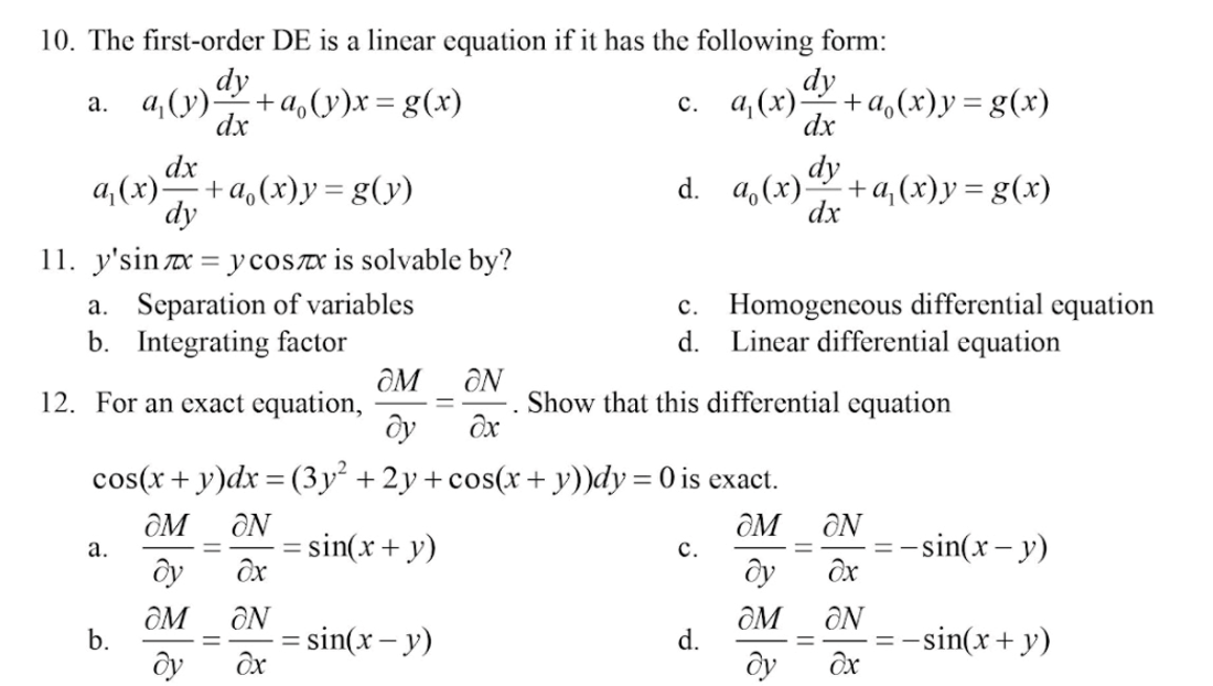 Solved dy C. 10. The first-order DE is a linear equation if | Chegg.com