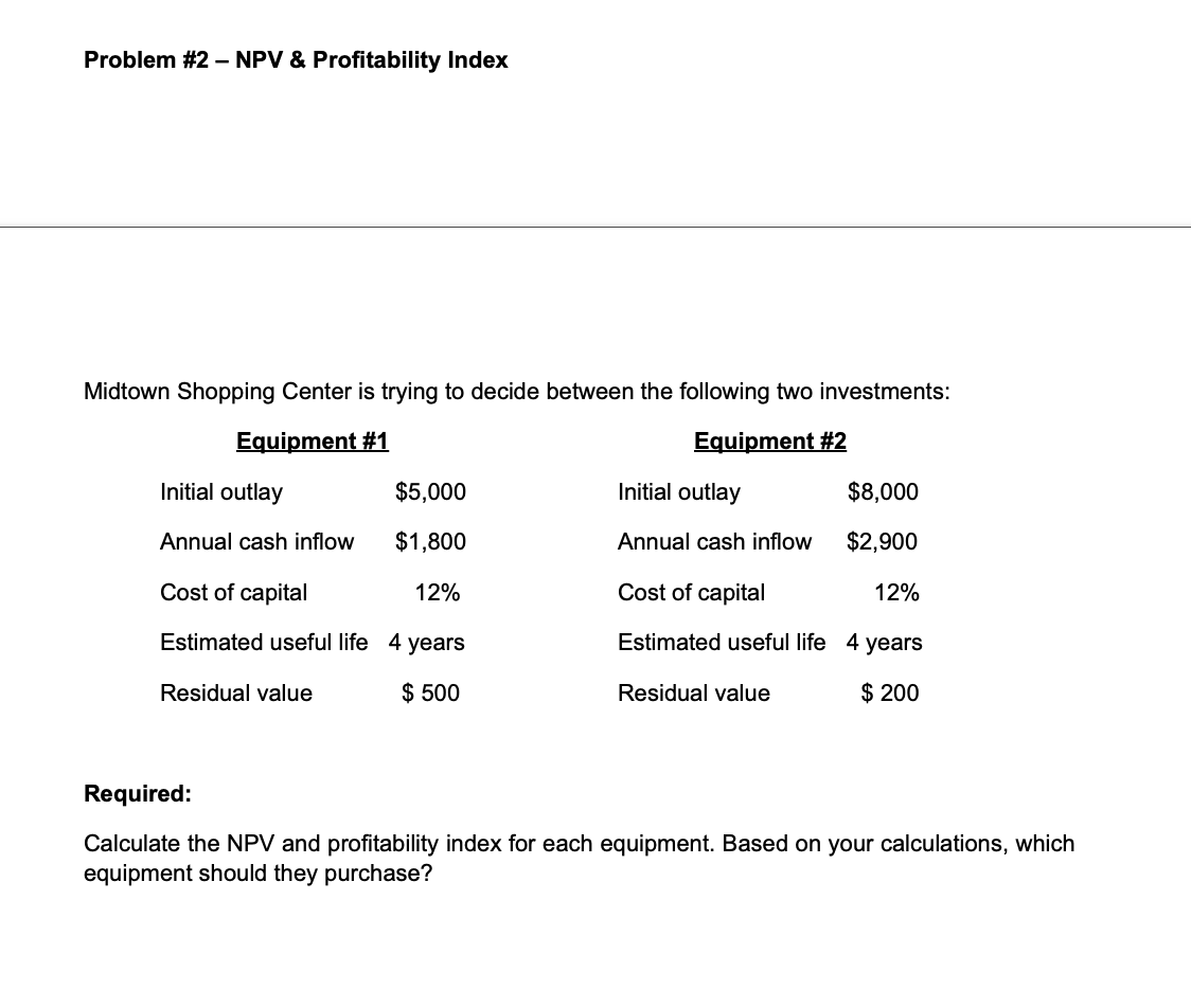 Solved Problem \#2 - NPV \& Profitability Index Midtown | Chegg.com
