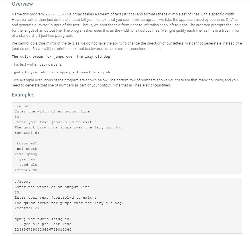 Solved Name this program mirror. c - This project takes a | Chegg.com