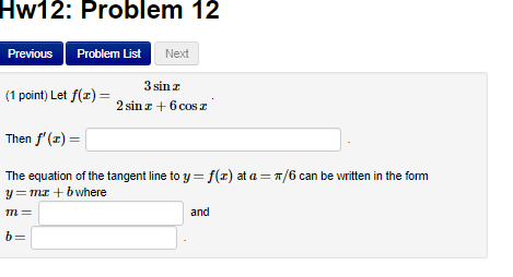 Solved Hw12: Problem 12 Previous Problem List Next 3 sin | Chegg.com