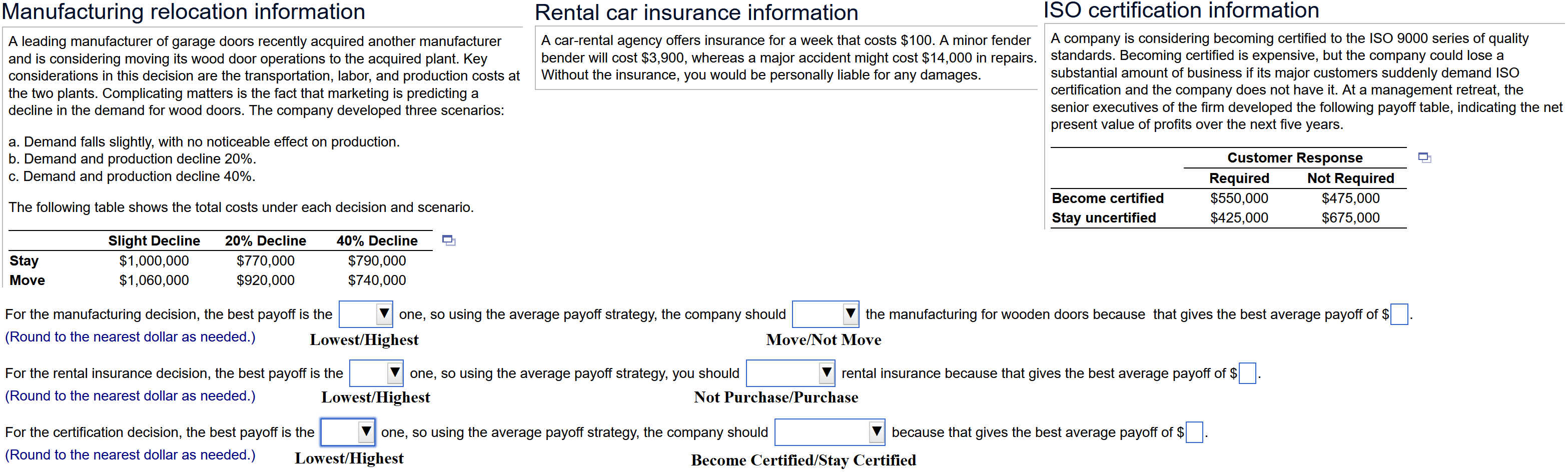 What decisions should be made using the average | Chegg.com