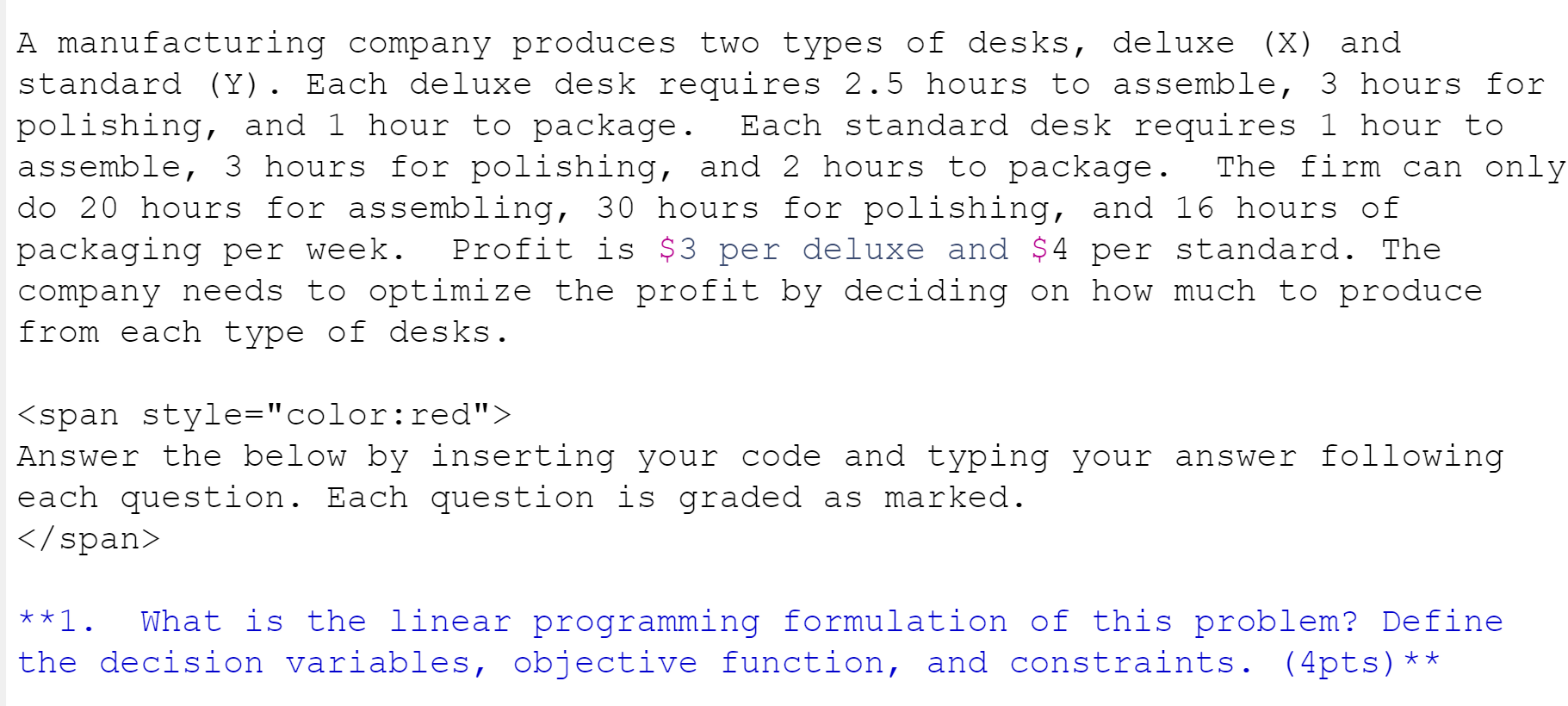 Solved A manufacturing company produces two types of desks, | Chegg.com