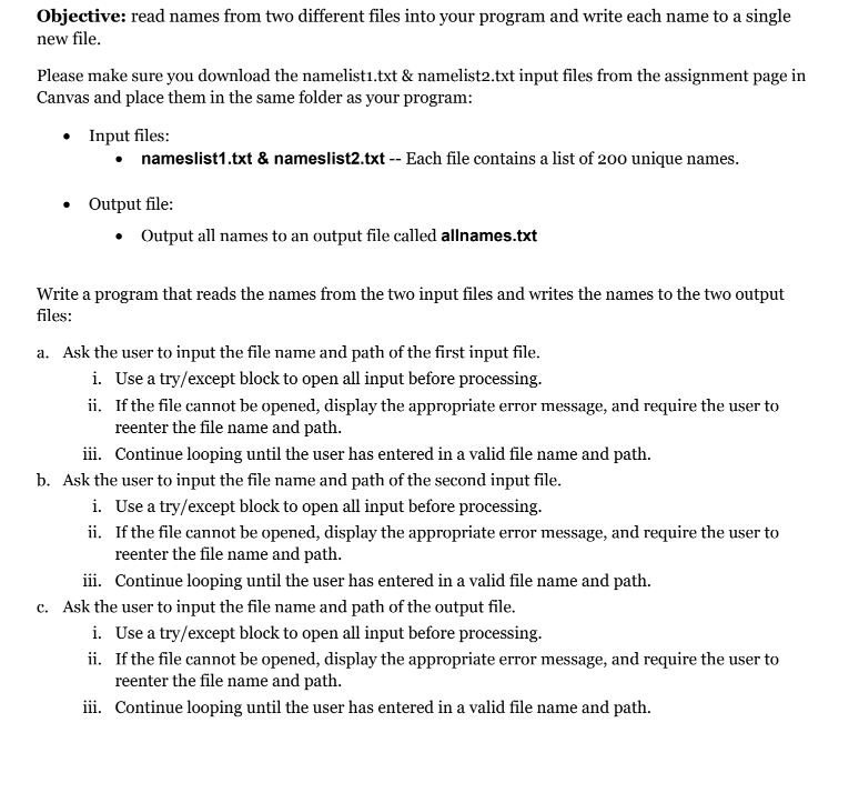 Solved Objective: read names from two different files into | Chegg.com