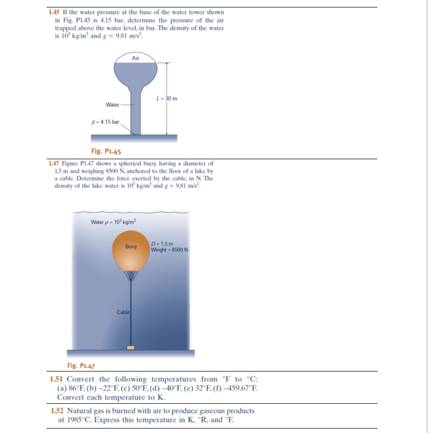 Solved 1.45 If the water pressure at the base of the water | Chegg.com