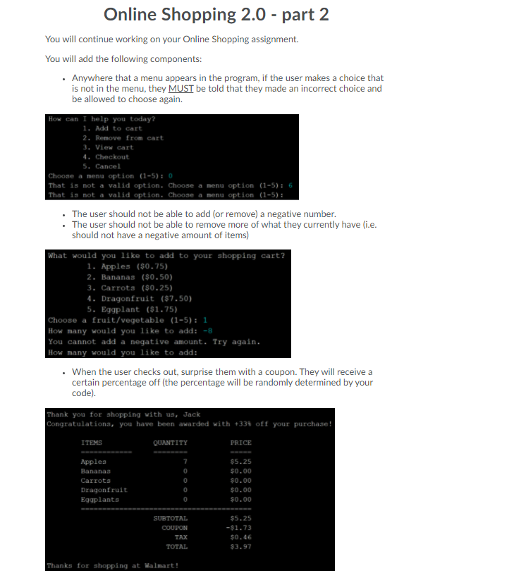 Solved Online Shopping 2.0 - part 2 You will continue | Chegg.com ...