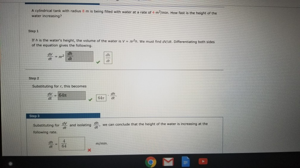Solved A cylindrical tank with radius 8 m is being filled | Chegg.com