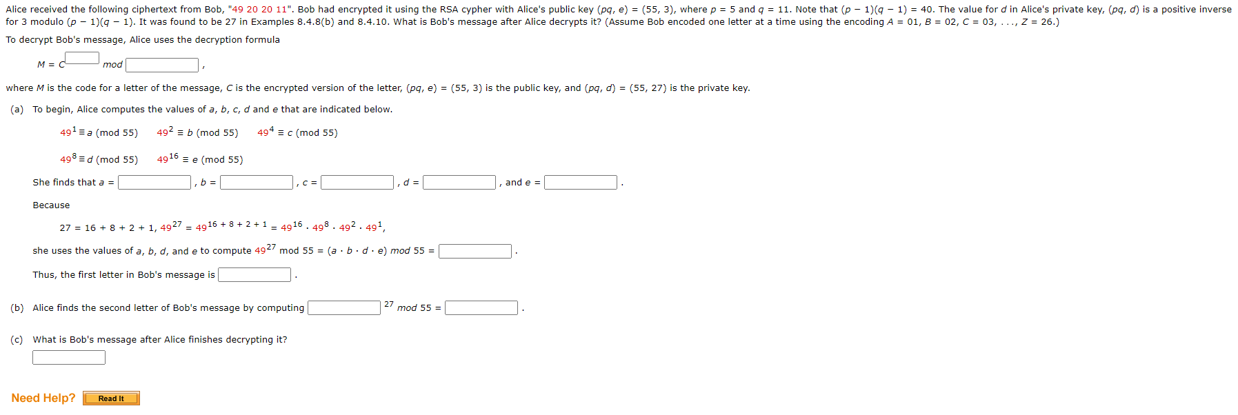 Solved o decrypt Bob's message, Alice uses the decryption | Chegg.com