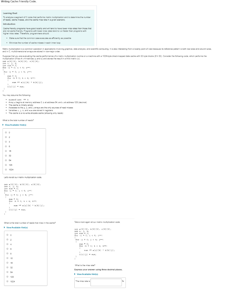 Writing Cache-Friendly Code. Learning Goal To analyze | Chegg.com