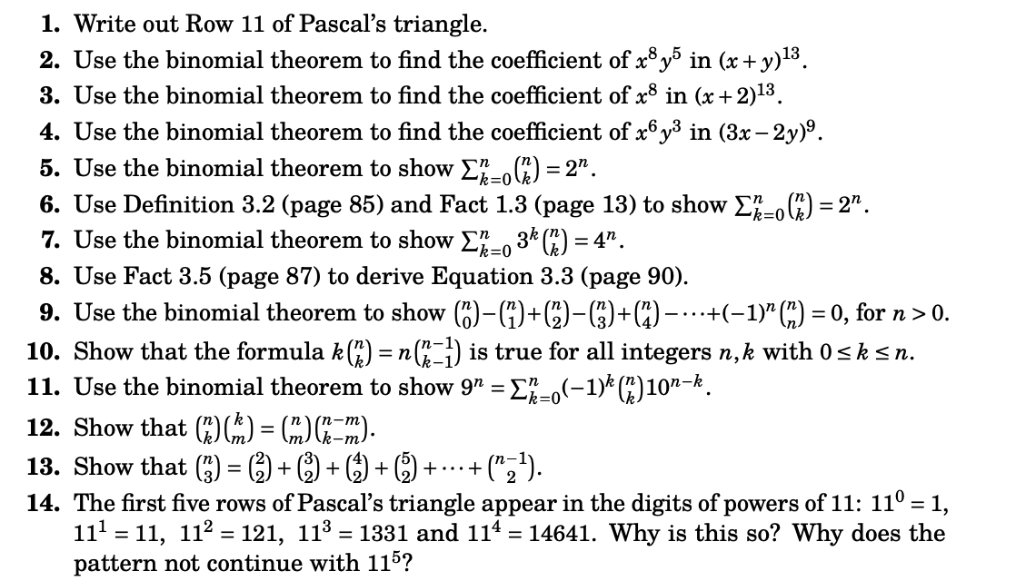 Solved FOR 1. Write out Row 11 of Pascal's triangle. 2. Use | Chegg.com