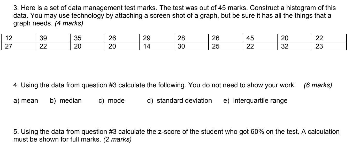 Solved 3. Here is a set of data management test marks. The | Chegg.com