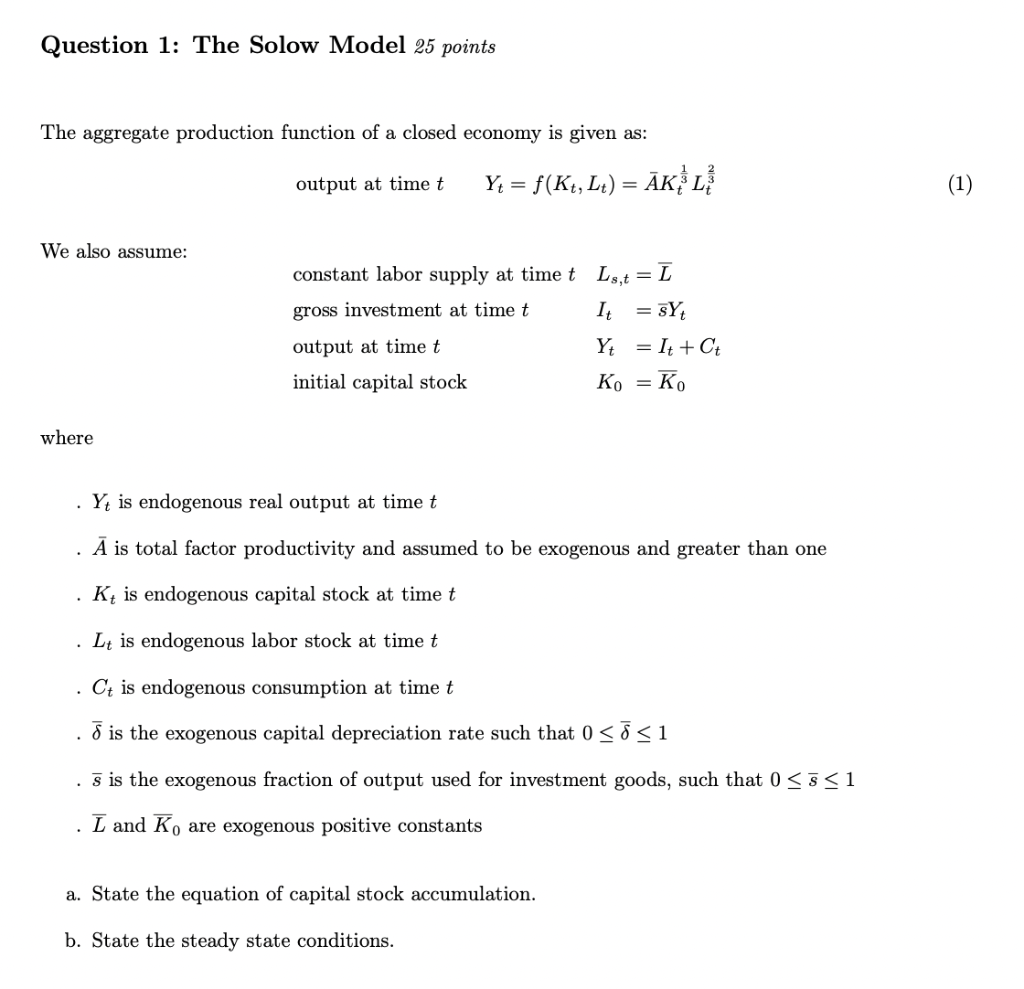 Solved Question 1: The Solow Model 25 points The aggregate | Chegg.com