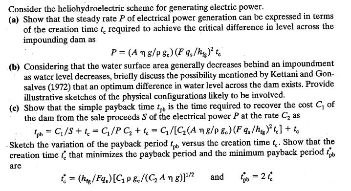 Consider the heliohydroelectric scheme for generating | Chegg.com