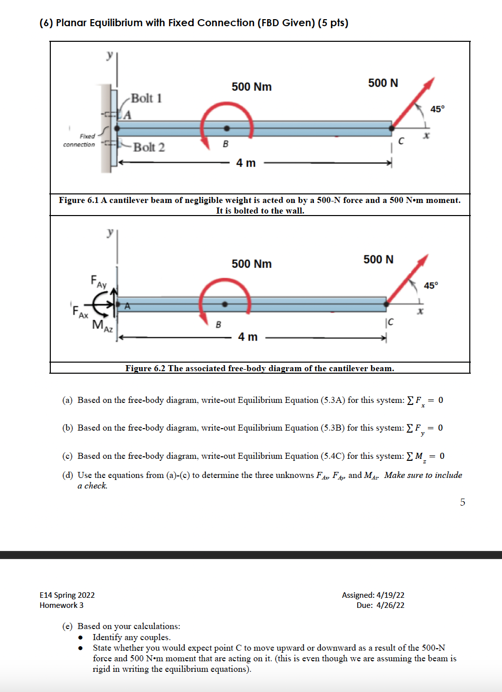 Solved (6) Planar Equilibrium with Fixed Connection (FBD | Chegg.com