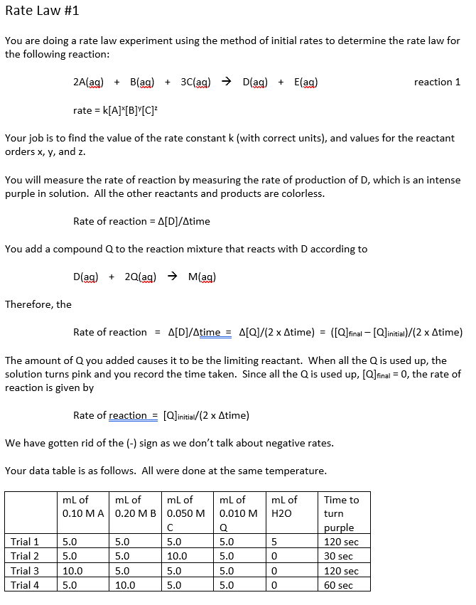 Solved Rate Law #1 You are doing a rate law experiment using | Chegg.com