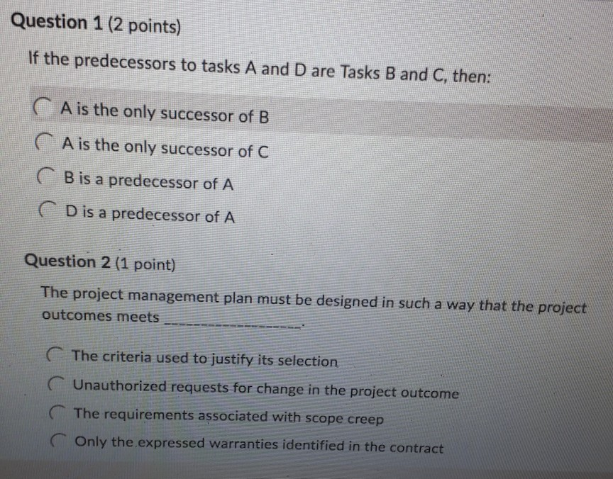 Solved Question 1 (2 points) If the predecessors to tasks A | Chegg.com