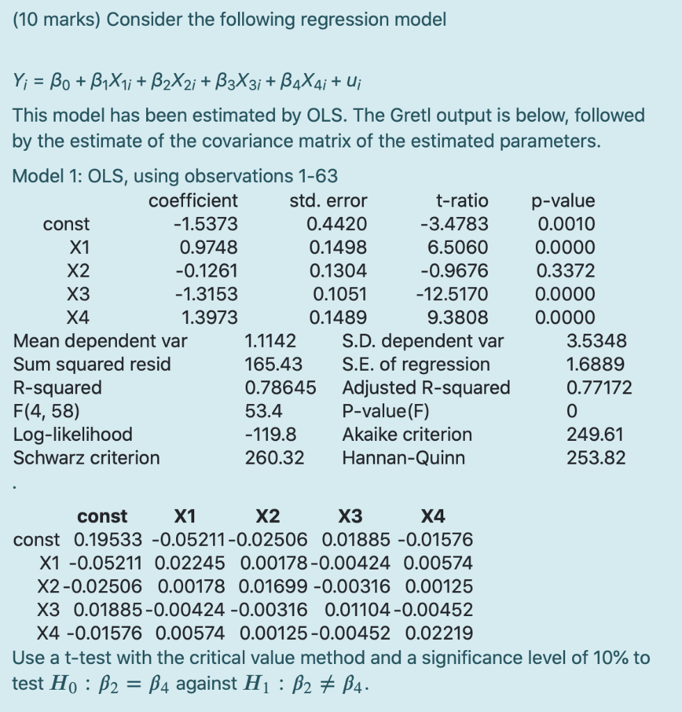 Solved (10 marks) Consider the following regression model Y; | Chegg.com