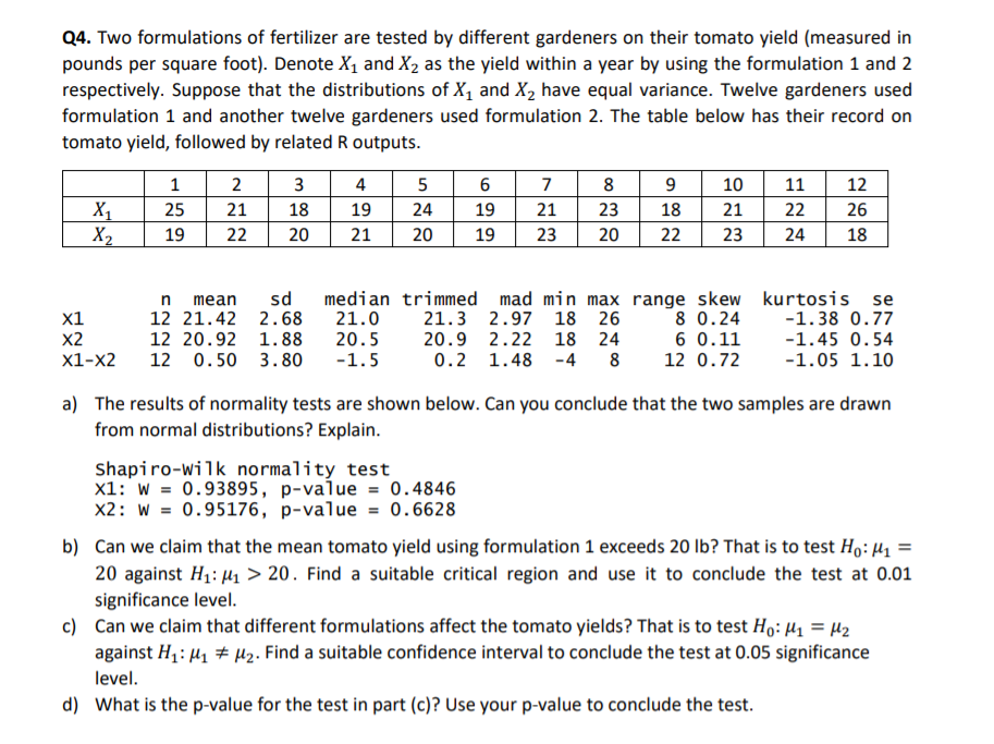 Solved Q4. Two formulations of fertilizer are tested by | Chegg.com