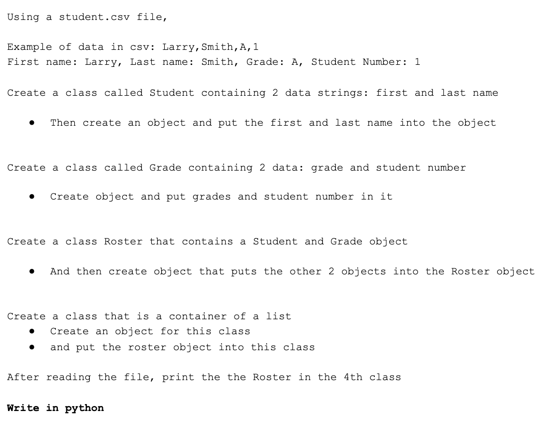 Solved Using a student.csv file, Example of data in csv: | Chegg.com