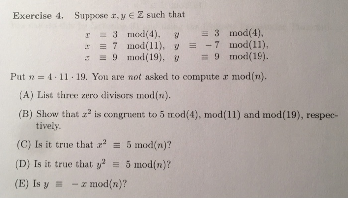Solved Exercise 4. Suppose a, y Z such that 3 mod(4), y 7 | Chegg.com