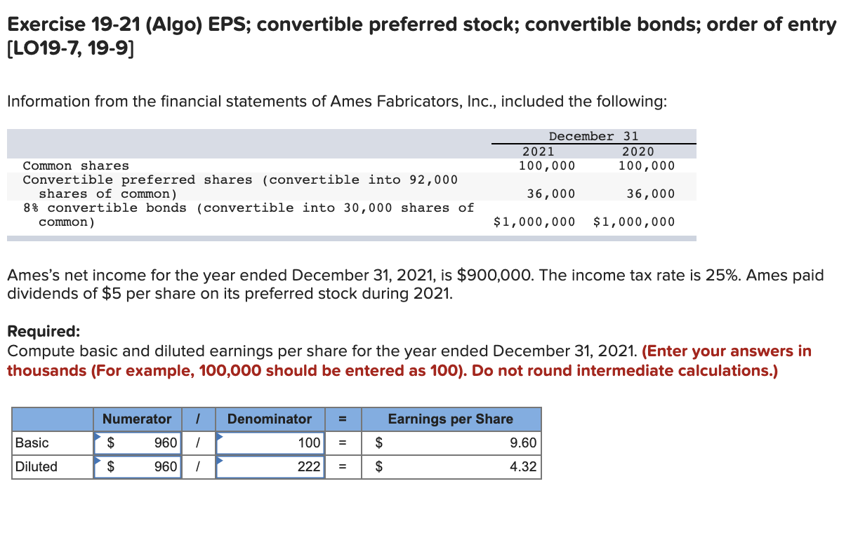 Solved Exercise 19-21 (Algo) EPS; convertible preferred | Chegg.com