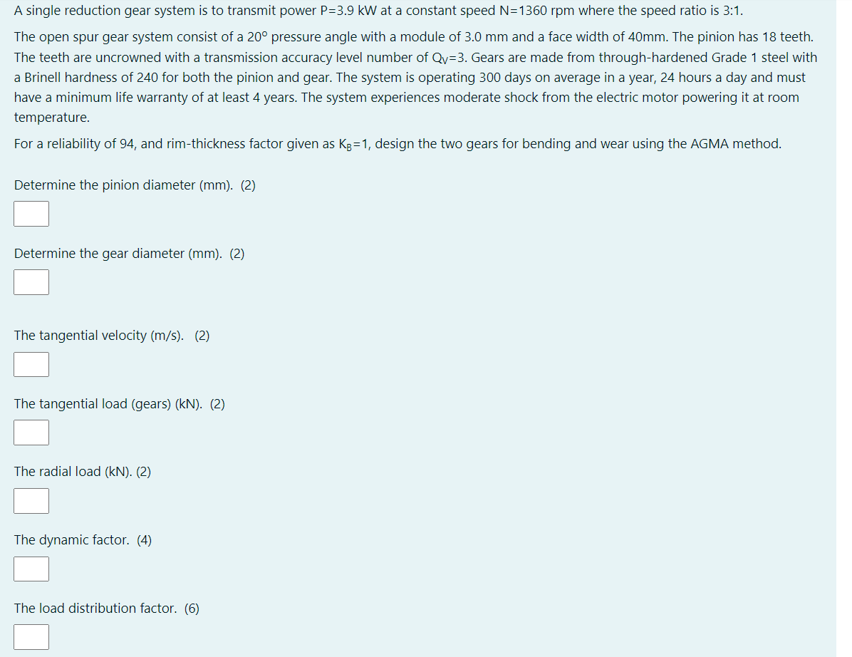 Solved A single reduction gear system is to transmit power | Chegg.com