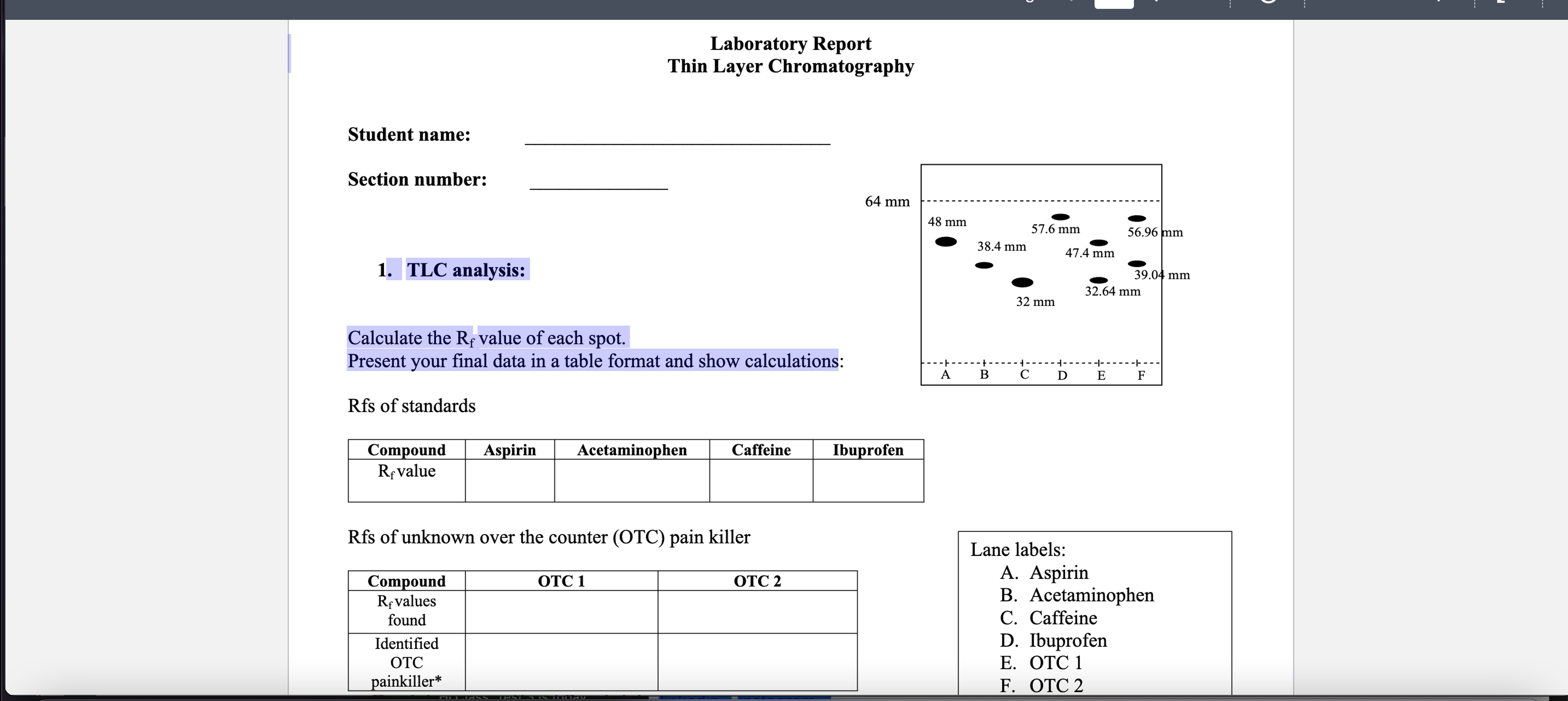 Solved Student name:Section number:TLC analysis:Calculate | Chegg.com