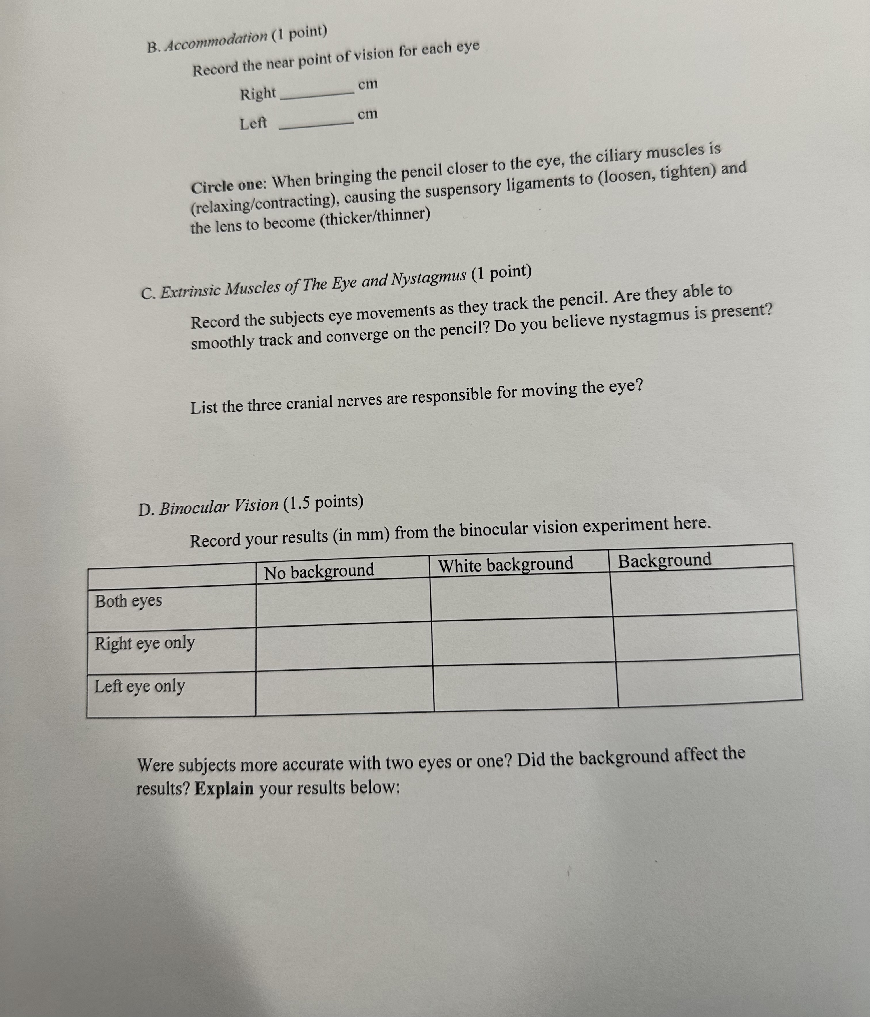Solved E. Pupillary Reflex (1 point) Record the subject's | Chegg.com